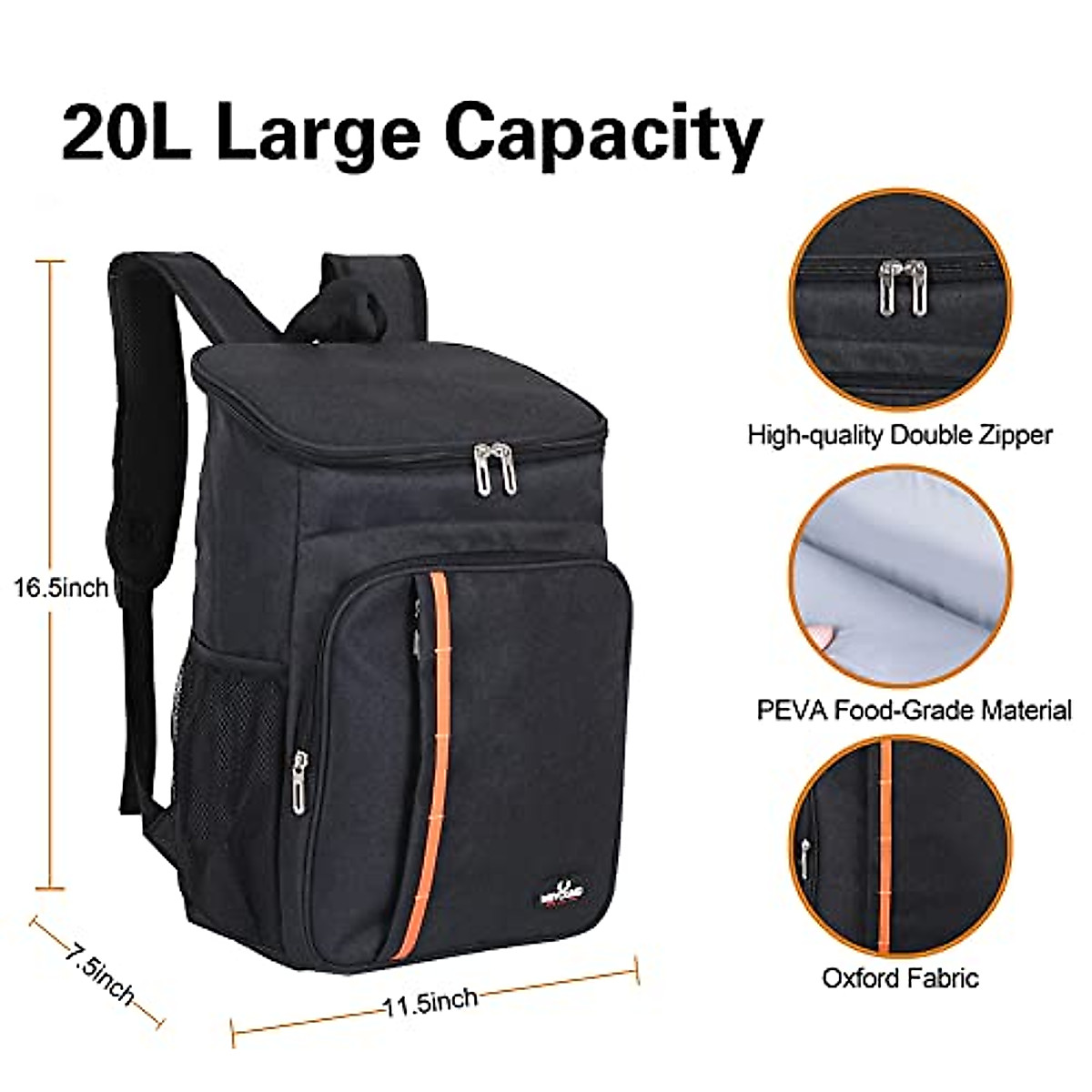 Cooler Backpack 20L Insulated Backpack Coolers Lightweight Leak-Proof (black)