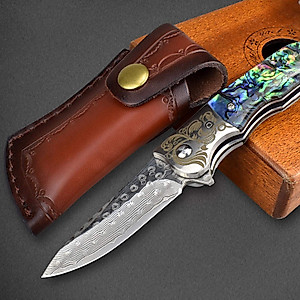 AUBEY Damascus Steel Pocket Knife with Clip, Abalone Shell Handle Folding Knife, Sharp EDC Hunting Knife with Leather Sheath for Camping Collection