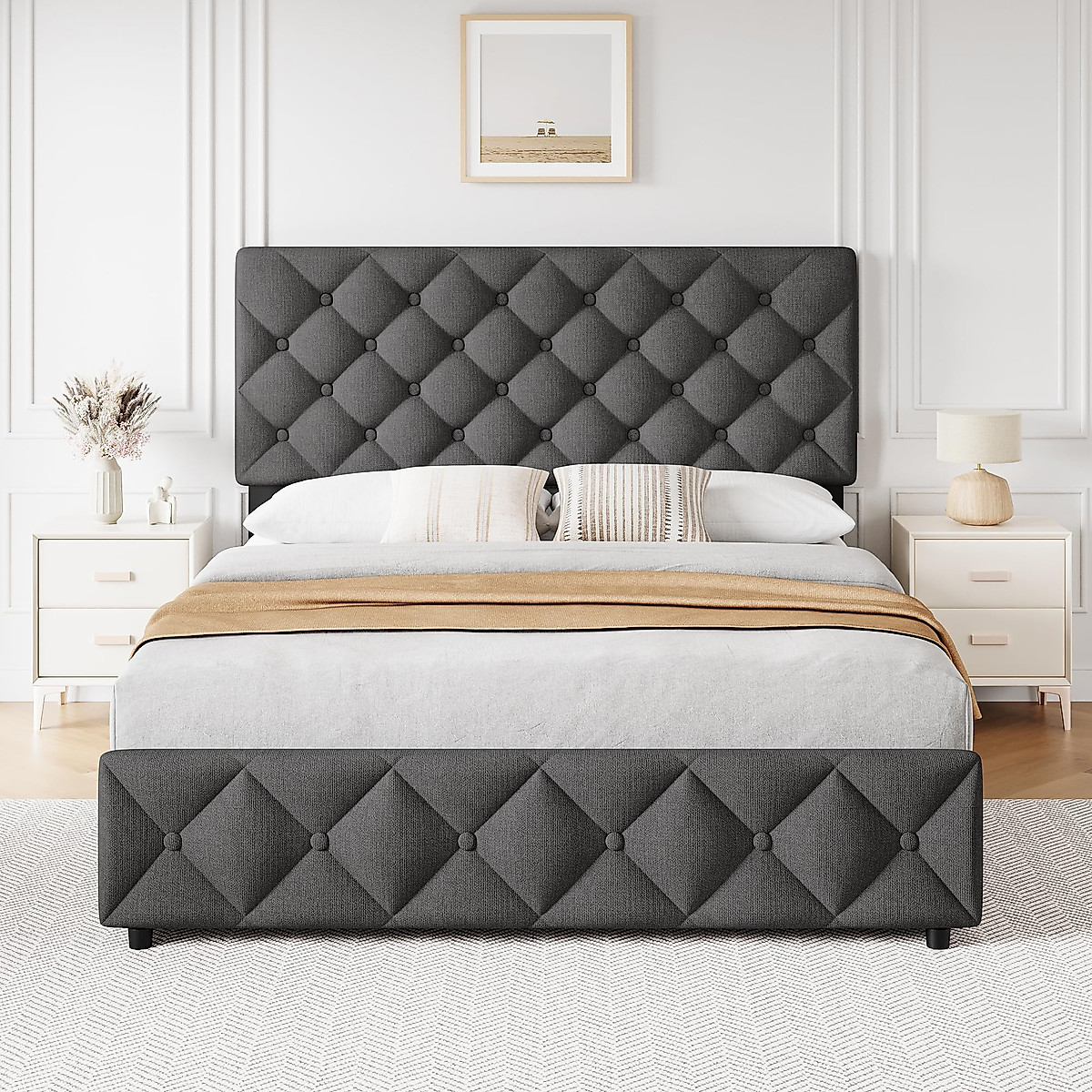 GAOMON Queen Size Bed Frame with 4 Storage Drawers and Headboard, Linen Upholstered Platform Bed Frame with Wooden Slats Support, Diamond Stitched Button Tufted, No Box Spring Needed, Dark Grey