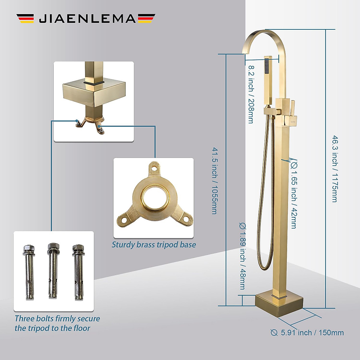 Waterfall Floor Mount Freestanding Bathtub Faucet Brushed Gold Single Handle Freestanding Tub Faucet Brass Tub Filler Tub Shower Faucet with Hand Shower 59in Hose Bathtub & Shower Systems JIAENLEMA