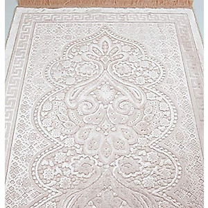 Modefa Velvet Prayer Rug - Soft Plush Turkish Janamaz Sajada Carpet for Men and Women - Plain Solid Prayer Mat Ramadan Eid Gift - with Prayer Beads - Floral Luxury Paisley (Blush Pink)