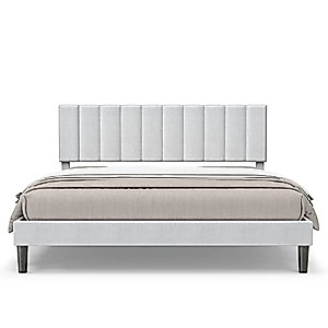 BONSOIR Queen Size Bed Frame Modern Vertical Panel Upholstered Low Profile Platform with Tufted Headboard/No Box Spring Needed/No Bed Skirt Needed/Linen Fabric Upholstery/Light Grey (Queen Size)