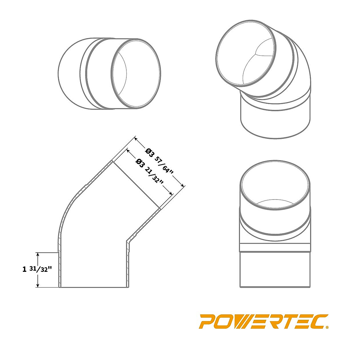 POWERTEC 70183 4” 45 Degree Elbow - ABS Plastic Dust Collector Connector (Black)