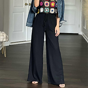 Duyang Womens Cotton Linen Palazzo Pants Drawstring Elastic Waist Casual Wide Leg Trousers with Pockets(Black,XL)