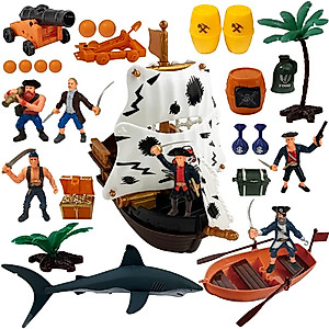 ArtCreativity Pirate Action Figure Playset, Pirate Play Set with Action Figurines, Storage Box, Pirate Ship Toy, Boat, Shark, Treasure Chests, & More, Pirate Party Decorations, Cake Toppers, & Gifts