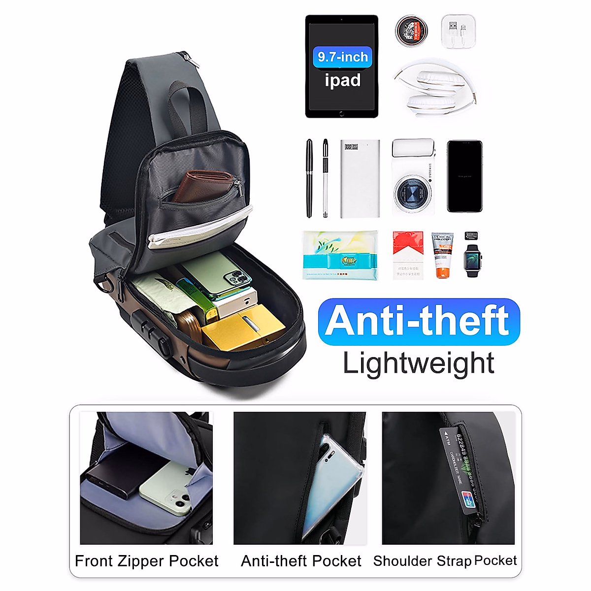 Geanbun Sling Bag for Men Anti-Theft USB Crossbody Backpack Waterproof Chest Daypack Lightweight Shoulder Bag (Grey)