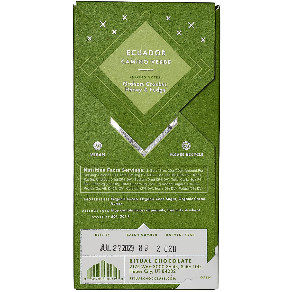 Ritual Dark Chocolate Bar, Ecuador 75% Cacao, Notes of Graham Cracker, Honey & Fudge, 2.12 oz