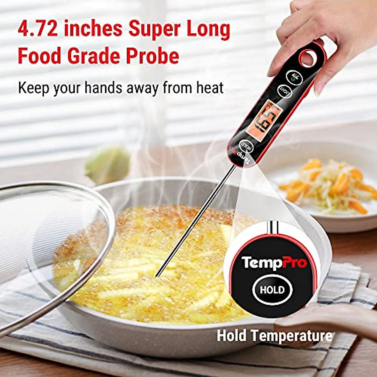 TempPro E30 Digital Meat Thermometer with Long Probe Kitchen Instant Read Cooking Food Thermometer for BBQ Smoker Grilling Oil Deep Fry Candy Thermometer with Large Backlit Display, Black/red
