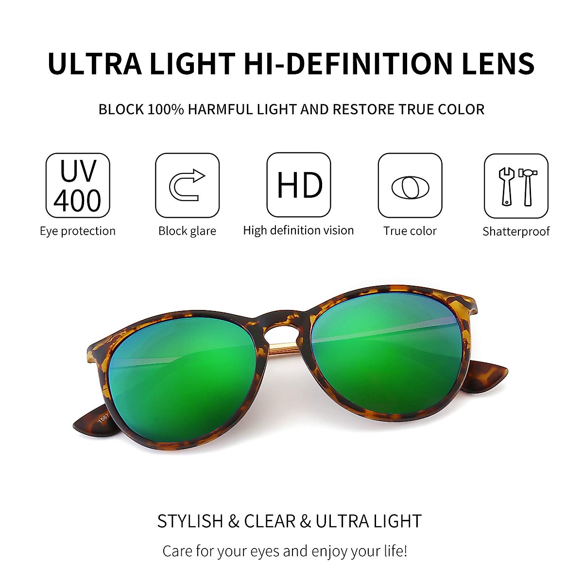 SUNGAIT Vintage Round Sunglasses for Women Men Classic Retro Designer Style (Polarized Green Mirror Lens/Amber Frame(Matte Finish)) 1567 PGHPKLV