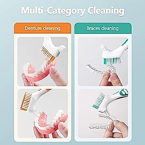 Denture Toothbrush Set, Portable Dual Head Denture Brush with Cover Case, Denture Cleaning Tool Set for Travel, Home and Camping, Dental Cleaning Brush Set for Denture Care False Teeth Cleaner Tool