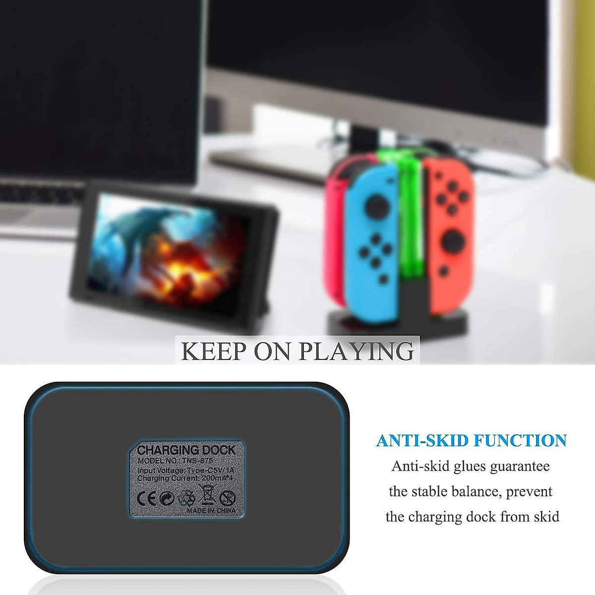 FastSnail Charging Dock and 2 Pack Switch Grips Kit for Nintendo Switch Joy Con & OLED Model, Charger Stand Station with Charging Cable, Wear-Resistant Grip Controller with 6 Thumb Grip
