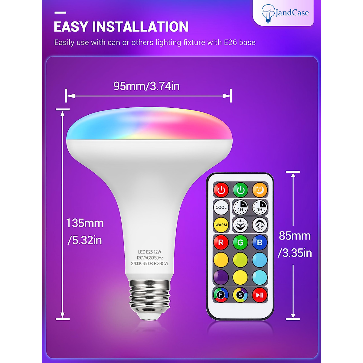 JandCase BR30 Color Changing Light Bulb, RGB+Warm+Cool White LED Flood Lights, 12W(100W Equivalent), 1050lm, Remote Control, Dimmable Multi-color Can Light Bulbs for Ceiling, E26 Base, 2 Pack