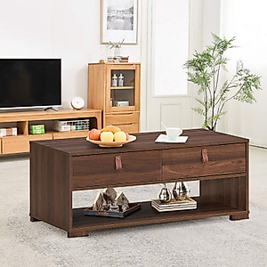 Tangkula Coffee Table with Drawers, Industrial Accent Cocktail Table with 2 Drawers & Open Storage Shelf, Wooden Rectangular Sofa Table for Living Room Home Office (Walnut)