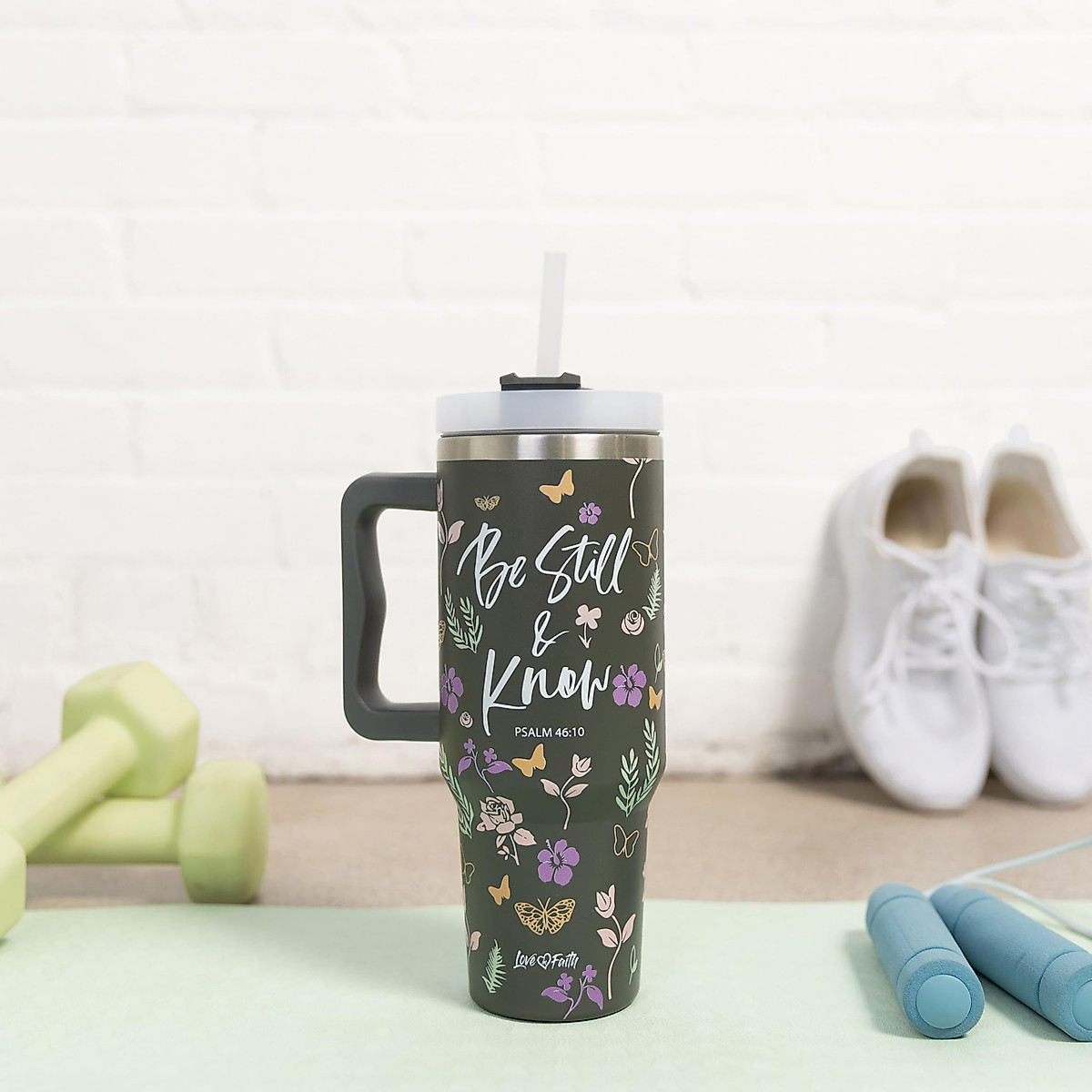 Love in Faith | Stainless Steel 40oz Tumbler with Handle | Vacuum Insulated | Faith-Based Christian Gifts | Be Still
