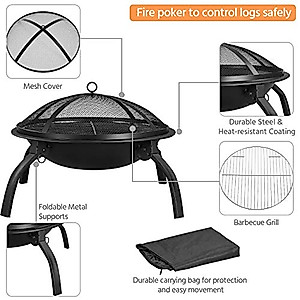 Yaheetech 21inch Firepit Portable Folding Steel Fire Bowl Garden Treasures Fire Pit Wood Burning Outdoor Fireplace with Spark Screen, BBQ Grill, Log Grate & Carrying Bag for Patio Backyard Camping
