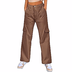 ANRABESS Women's Cargo Pants High Waisted Baggy Multiple Pockets Casual Work Pants Trendy Fashion Relaxed Fit Trousers Y2k for Teen Girls 1017shenka-S Brown