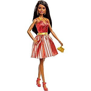 Barbie Holiday Doll, Red and Gold Dress, Brunette
