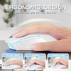 AJ52PRO Wired Wireless Bluetooth Gaming Mouse with RGB LED Backlight Adjustable 10000DPI Ergonomic 7 Programmable Button Rechargeable 800mAh Battery 2.4Ghz USB Receiver for PC Mac PS4 Gamer(StarWhite)