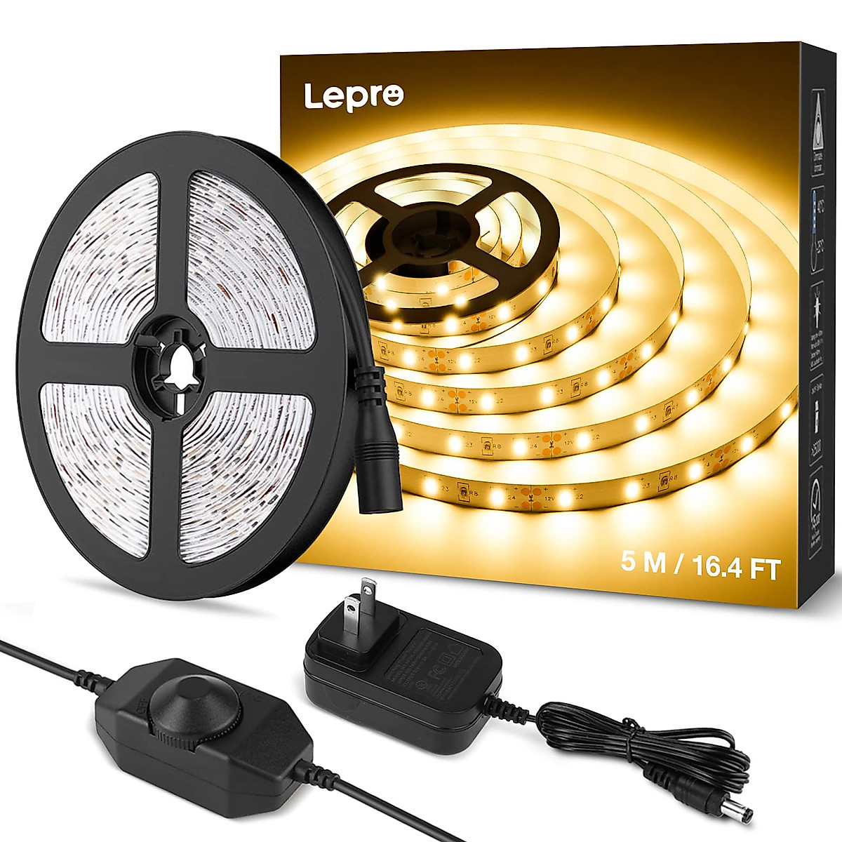 Lepro LED Strip Light White, 16.4Ft Dimmable Vanity Lights, 3000K Super Bright LED Tape Lights, 300 LEDs SMD 2835, Strong 3M Adhesive, Suitable for Home, Kitchen, Under Cabinet, Bedroom, Warm White