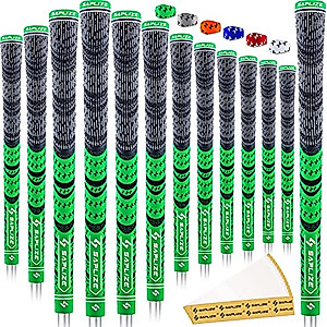 SAPLIZE Cross Corded Golf Grips 13 Pack, Low Taper Design, Multi-compound Hybrid Golf Club Grips, 13 Grips with 15 Tapes, Standard Size, Green, CL03 Series