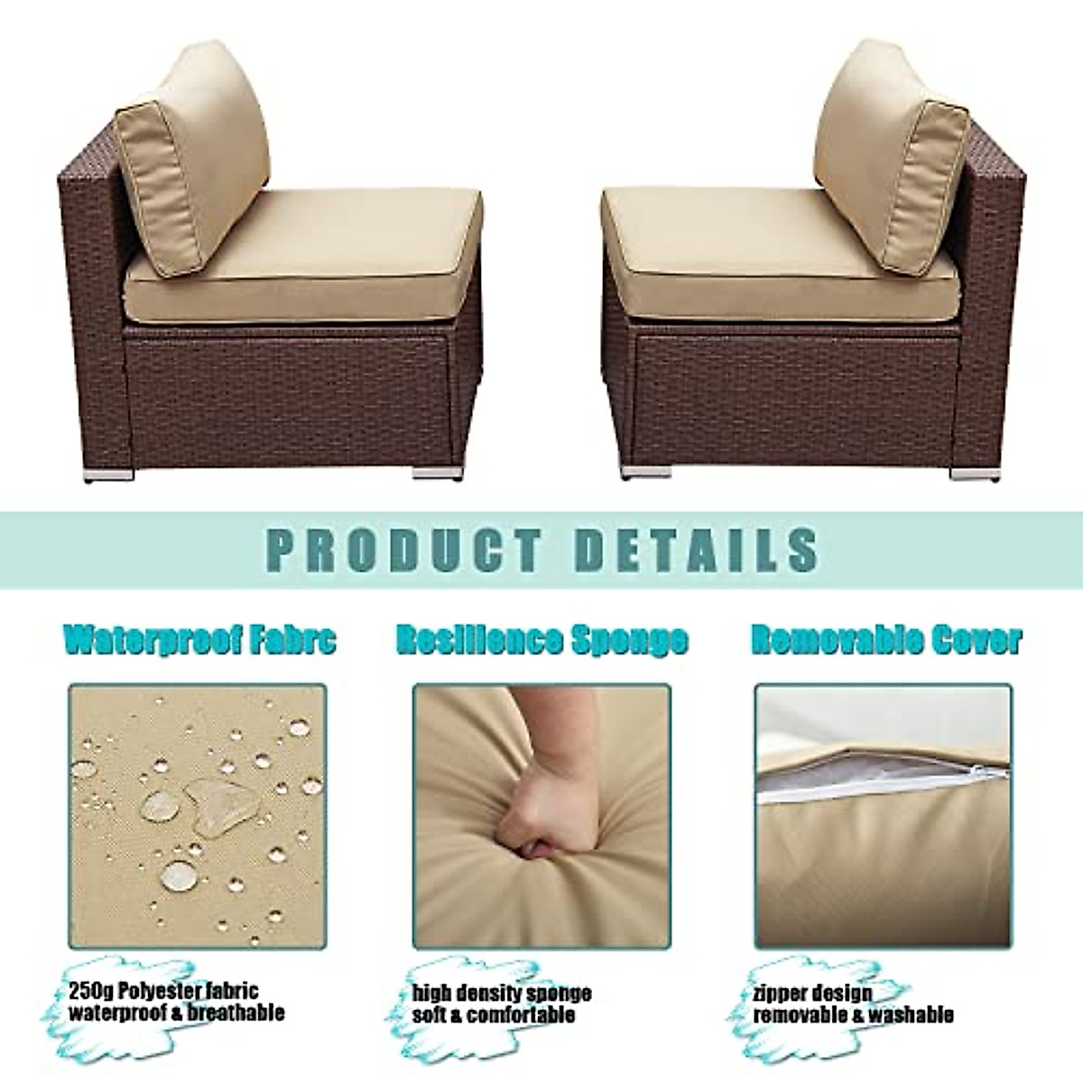 PHIKOOVA Wicker Outdoor Sectional Sofa Set Patio Garden Armless Sofa Chair with Washable Zippered Cushions for Porch Poolside Balcony(Beige)