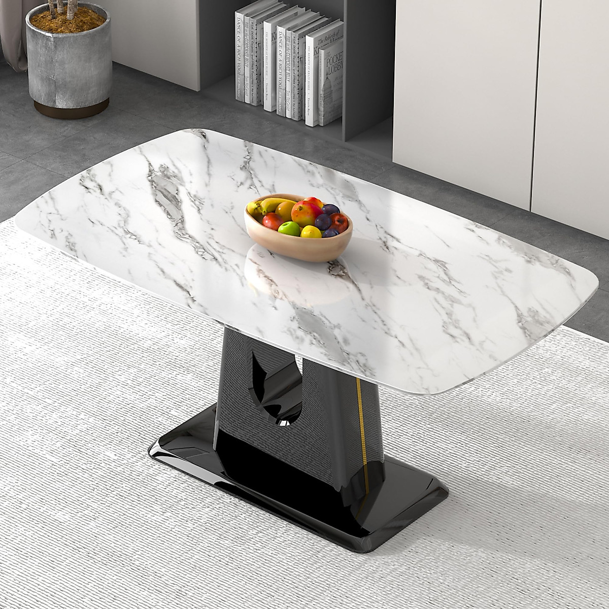 Mcltopz 63" Dining Table for 4-6 People, Modern Rectangular Dining Table with White Faux Marble Veneer Top & High Glossy Black Pedestal Base, Large Dinner Table Kitchen Table for Dining Room, Kitchen