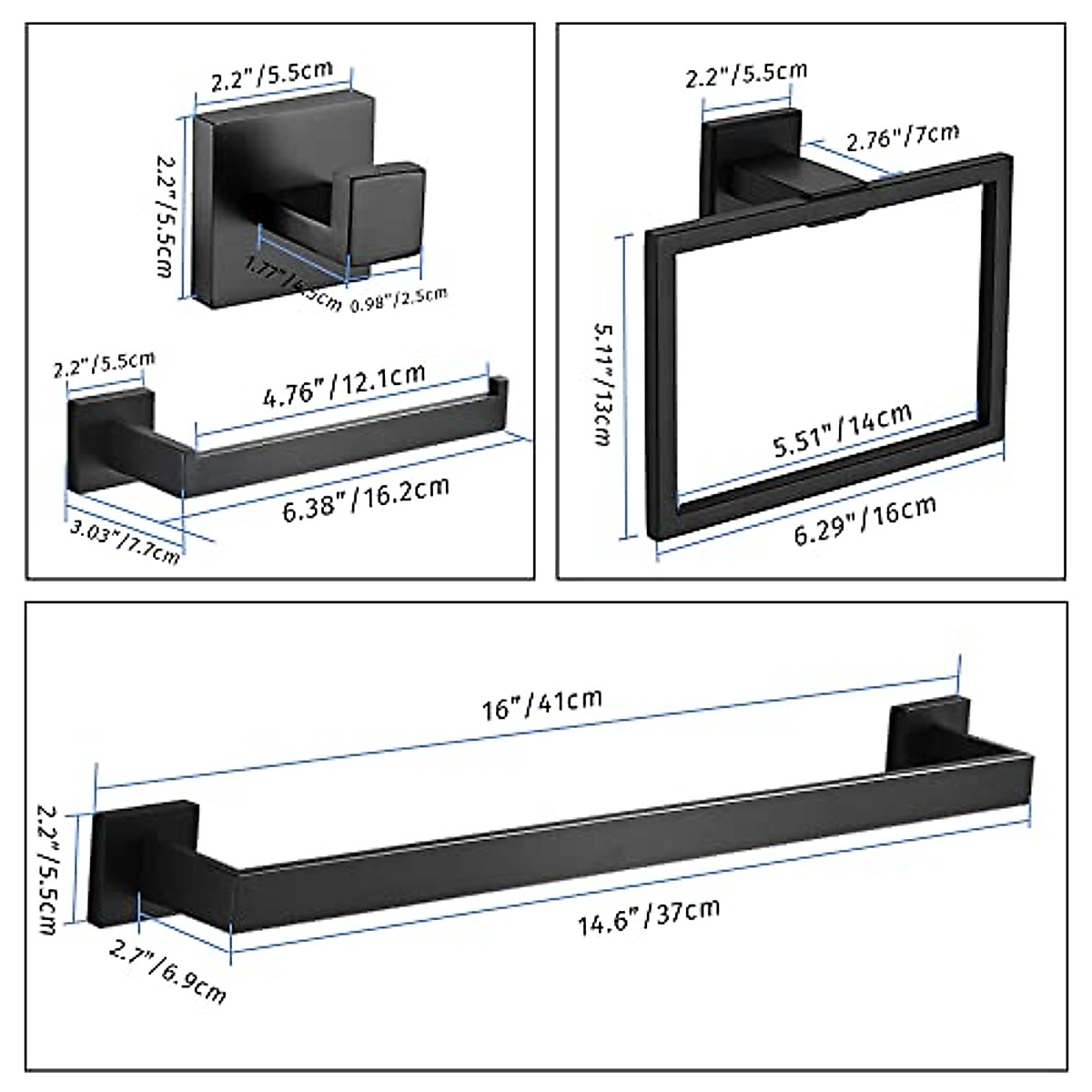 4-Piece Bathroom Hardware Accessories Set, Towel Bar Sets Include Towel Bar Towel Holder Toilet Paper Holder Towel Hook,16 inch Bath Accessories Kit，Matte Black