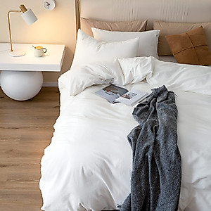 JIYUAN 100% Washed Cotton Duvet Cover Set Comfy Simple Style Soft Breathable Textured Durable Linen Feel Bedding for All Seasons King, Off White