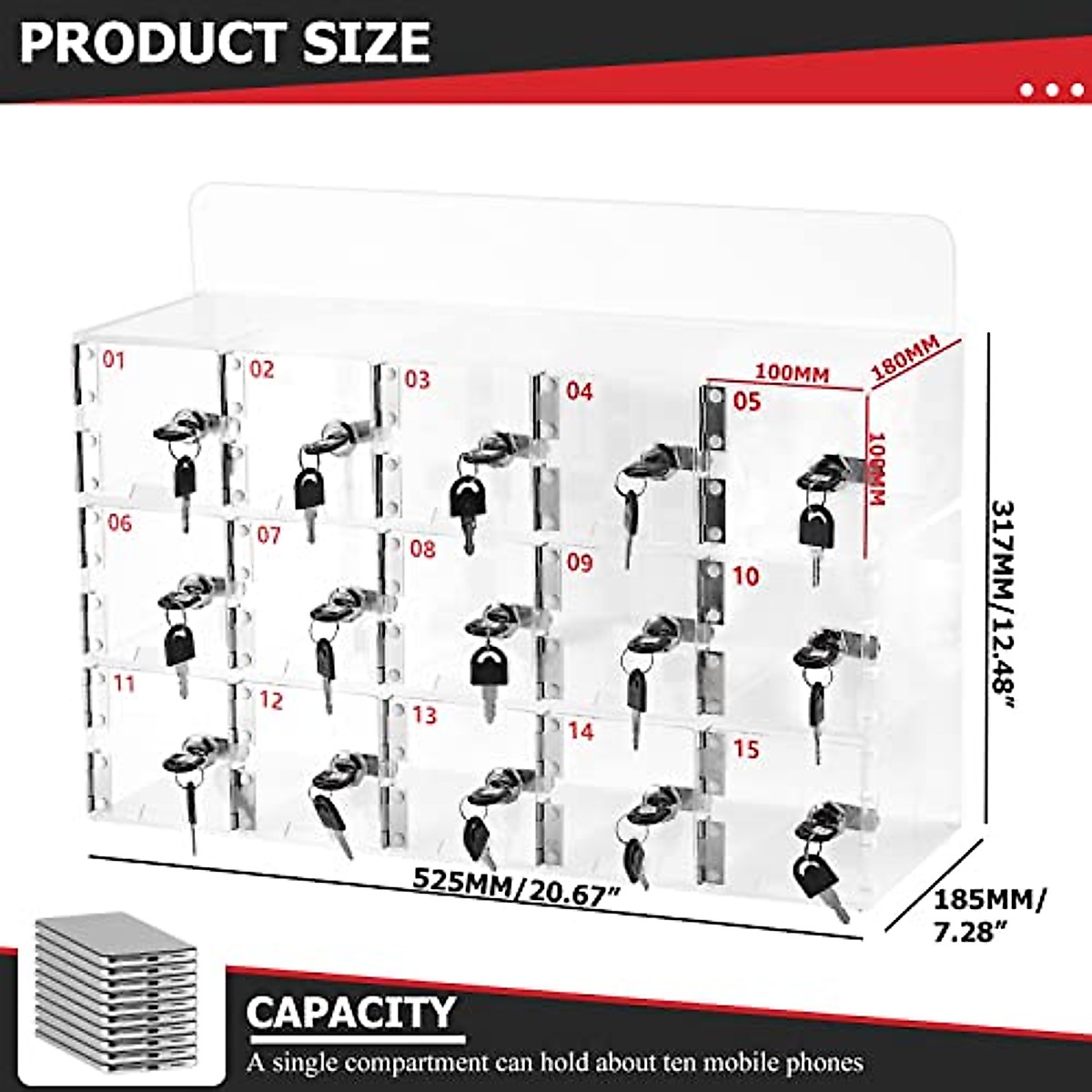 Consfly Cell Phone Locker Box Clear Cell Phone Lock Box 15 Slots Wall-Mounted Cell Phone Storage Cabinet with Keys for Office School Factory