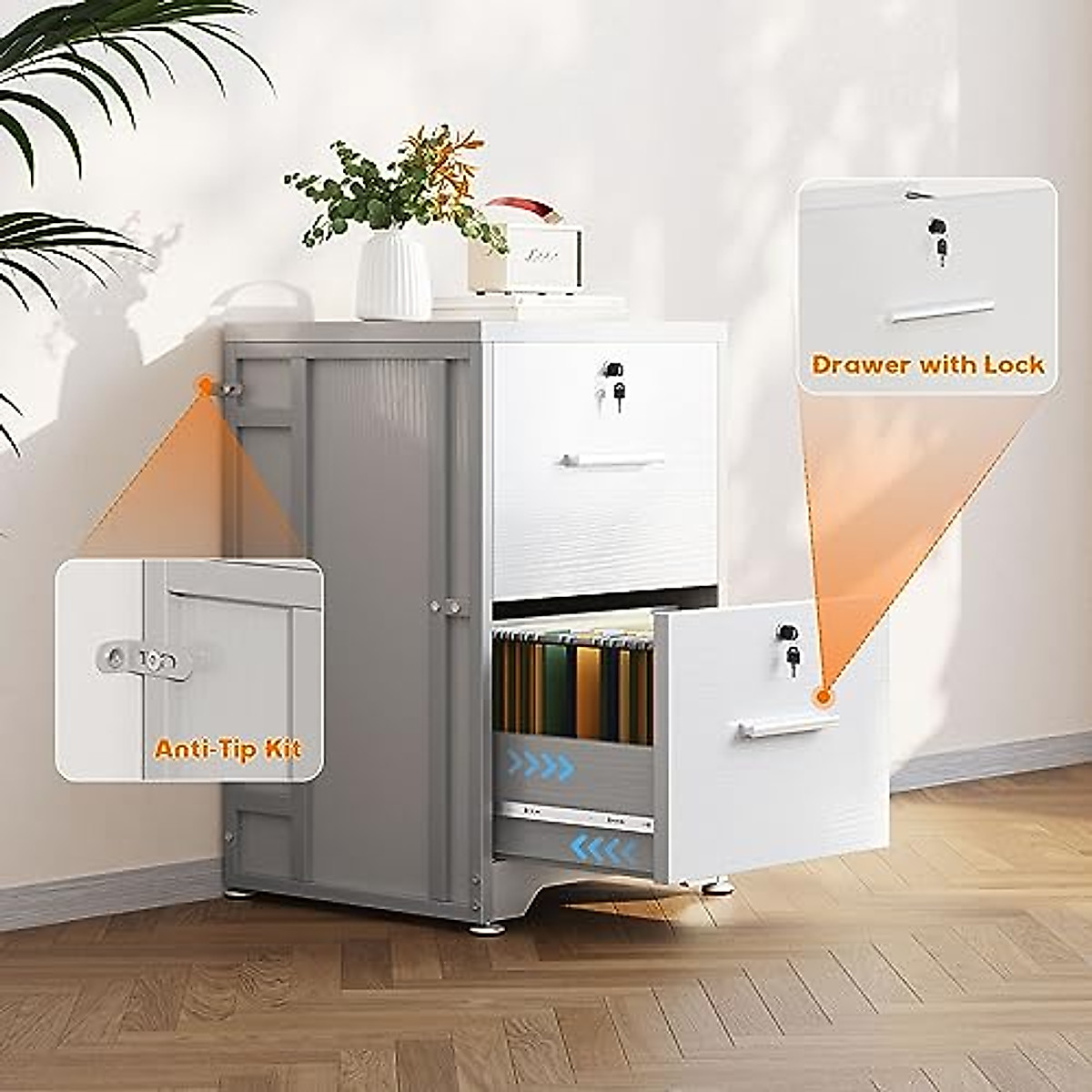 AODK File Cabinet Fully Assembled Filing Cabinet for Home Office, Small File Cabinets with Lock, Office Storage Cabinet 2 Drawer for Legal/Letter/A4 File, White