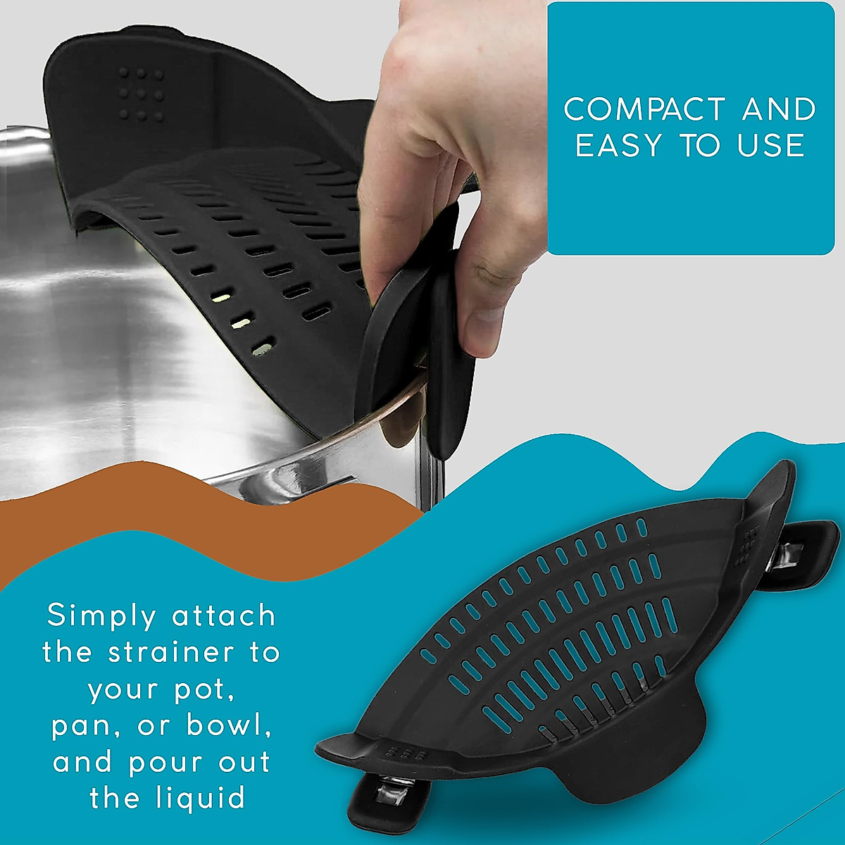 GottaHaveit | Clip On Strainer – Snap On Pot Drainer for Pan and Pots, Essential Home Cooking Tool. Black