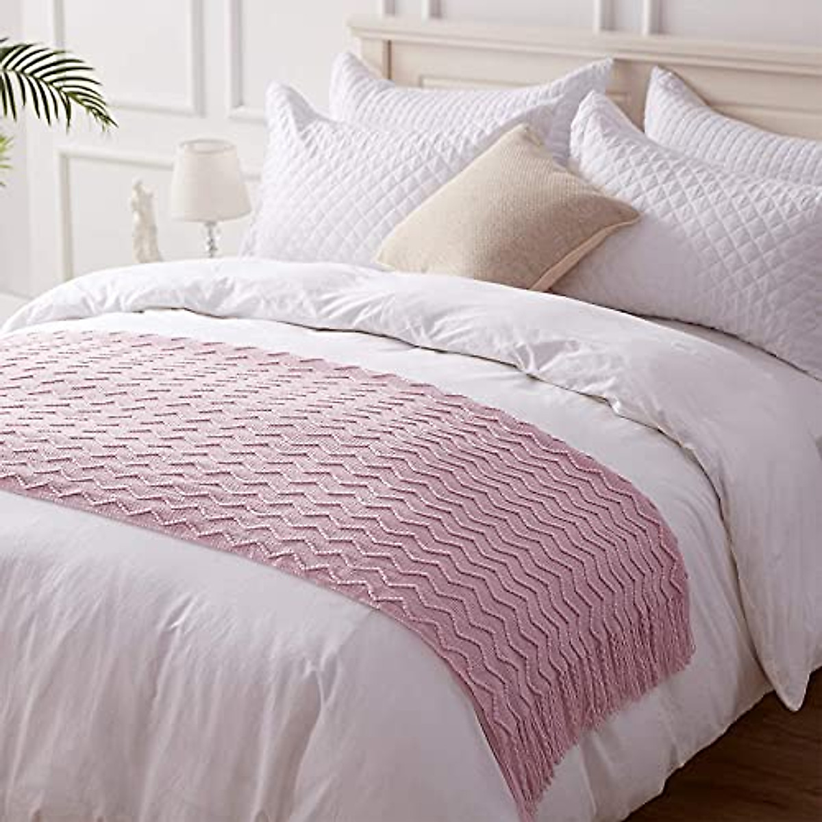 NexHome Throw Blankets for Couch Purple Pink Decorative Knit Blanket with Tassel Fringe Soft Lightweight Zigzag Textured Boho Throws (50"x60" Light Lilac)