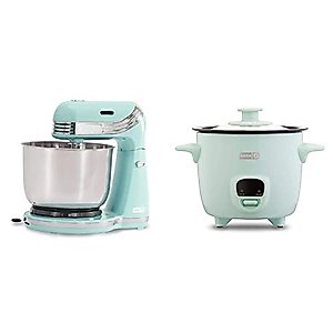 Dash Stand Mixer (Electric Everyday Use): 6 Speed with Dough Hooks & Mixer Beaters for Dressings & Mini Rice Cooker Steamer with Removable Nonstick Pot, Keep Warm Function & Recipe Guide, Aqua