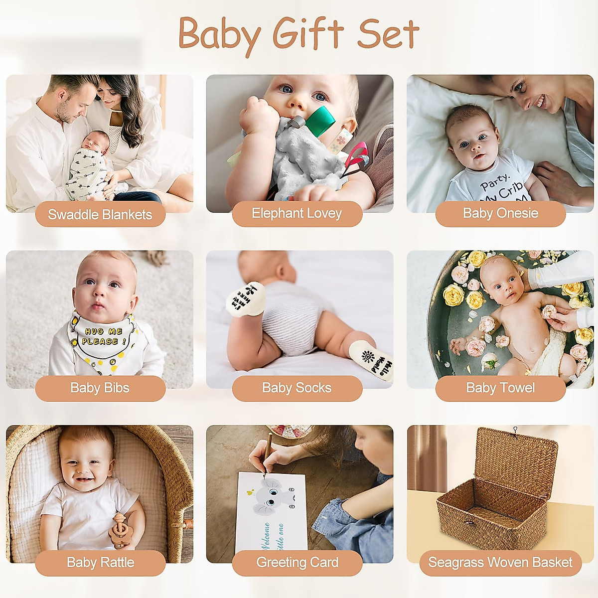 Baby Shower Gifts, Neutral Baby Gift Baskets Woven Gift Box Muslin Swaddle Blankets Babies Lovey Toy Rattle Socks Bibs Onesies Infant Gift Essentials, Newborn Baby Gifts for Girls Boys