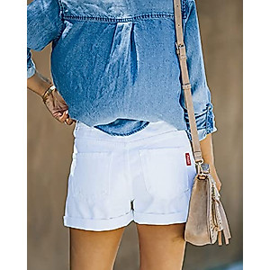 Women Folded Hem Shorts Distressed Elastic Waist Casual Short White Jean Shorts for Juniors XL