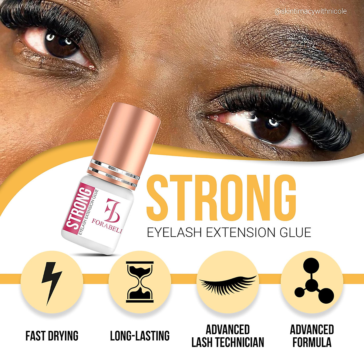 Forabel Strong Eyelash Glue 5ml - 2-3 Sec Drying Time, 6 Weeks Retention, Maximum Bonding Power, Black Adhesive for Semi-Permanent Lashes