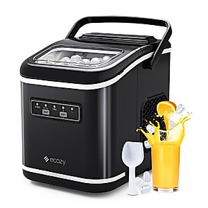 ecozy Countertop Ice Maker, Portable Ice Maker with Self-Cleaning, 9 Bullet Ice Cubes in 6 Mins, 26lbs/24Hrs, Ice Maker Machine with Ice Bags, Handle, Standing Scoop and Basket, Black