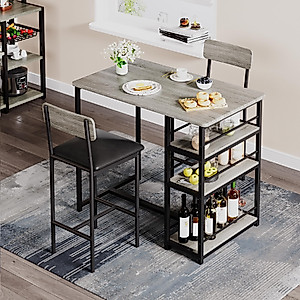 GAOMON Dining Table Set for 2, Kitchen Table and Chairs for 2 with Upholstered Chairs, 3 Piece Counter Height Bar Kitchen Table Set with 3 Storage Shelves for Small Space, Apartment, Rustic Gray