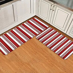 Kitchen Rugs and Mats 2 Pieces,Abstract Red and White Striped Candy Cane Pattern Christmas,Cushioned Anti-Fatigue Comfort Mat Waterproof Non Slip Standing Runner Rug Set