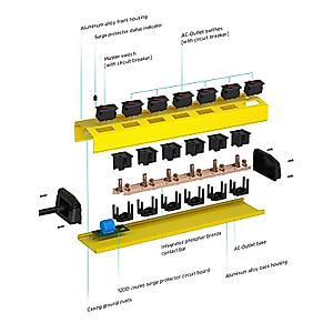 Power Strip with Individual Switches and Flat Plug, CRST 6-Outlet Metal Heavy Power Strip Duty Surge Protector (1200 Joules), 6-Feet 14AWG Cord with Hook and Loop Fastener, 15A Circuit Breaker