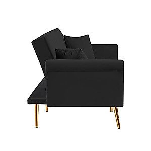 Zushule Futon Sofa Bed -Velvet Tufted Convertible Couch with 2 Pillows, Nailhead Trim, and Metal Legs- - Small Sofabed for Bedroom, Living Room, Apartment - Black with Gold Detail