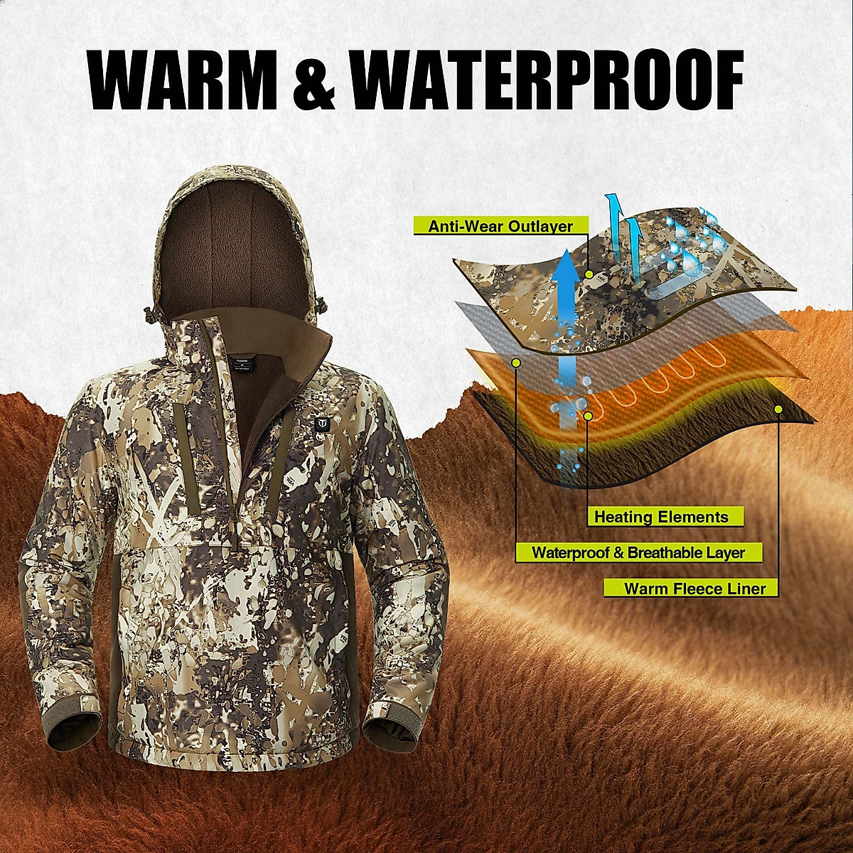 TIDEWE Men’s Heated Jacket with Battery Pack, Coral-Fleece Lining, Waterproof 1/2 Zip Jacket for Hunting (Veil Avayde Camo, Size M)