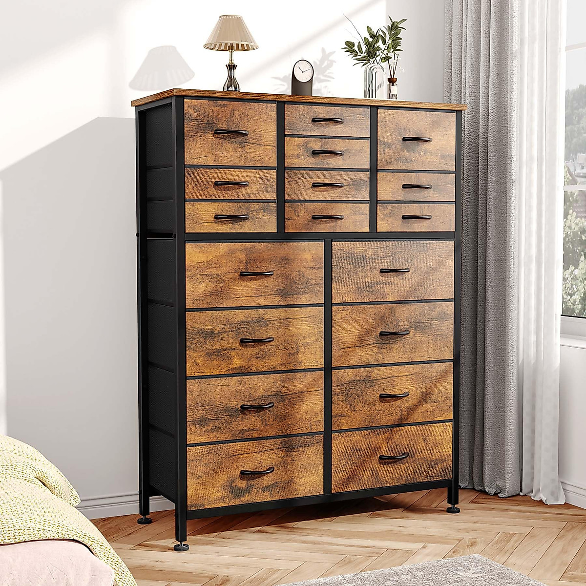 YaFiti 18 Drawer Dresser, Tall Dressers for Bedroom, Extra Large Capacity Fabric Storage Dresser with Wooden Top and Sturdy Metal Frame for Living Room, Closet, Hallway (Rustic Brown)