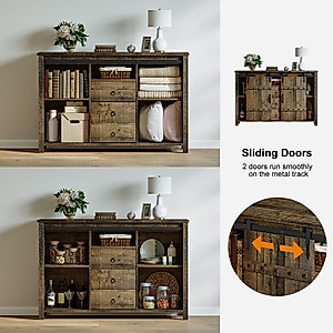 REAHOME Buffet Cabinet with Storage, 48" Sideboard Buffet Cabinet with Sliding Barn Doors & 3 Drawers, Farmhouse Wood Coffee Bar Cabinet Buffet Table for Kitchen, Dining Room, Rustic Brown