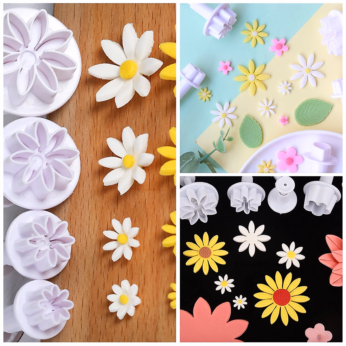 Sunflower Fondant Cutter Flower Molds for Fondant 4PC Chrysanthemum 8Petals Daisy Plunger Cutter Gerbera Cutting Set Cookie Cutter Decorating Mold Tools Decoration Embossing Tool