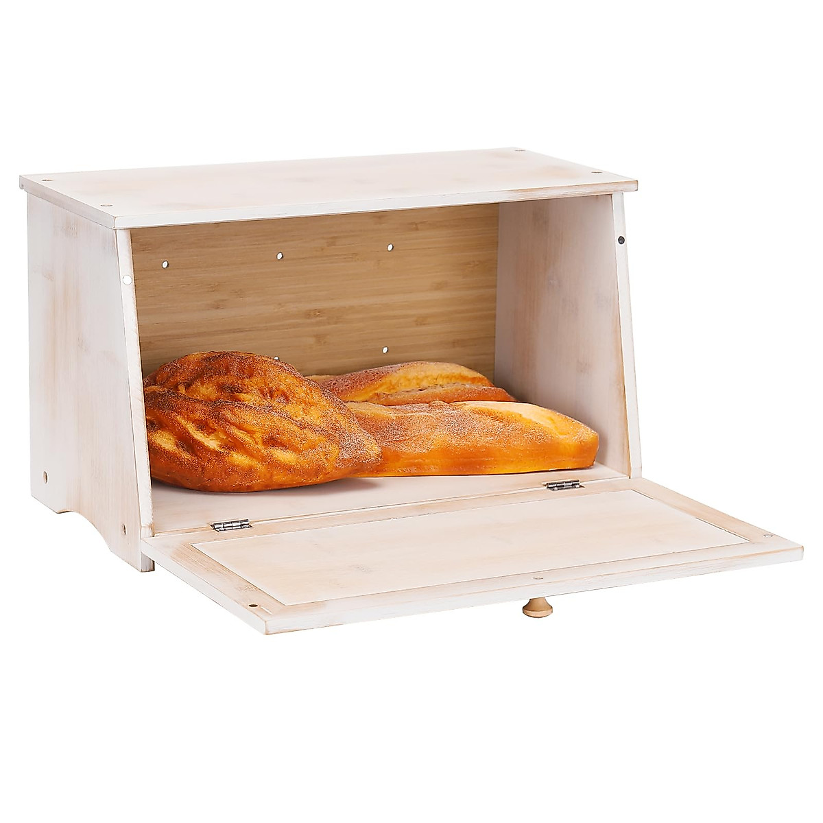 HOMEKOKO Vintage Large Wood Bread Box for Kitchen Counter, Retro Design Single Layer Bamboo Large Capacity Food Storage Bin (White)