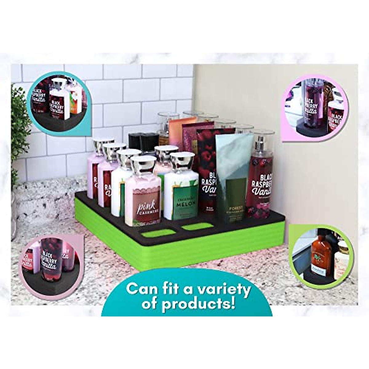 Polar Whale Lotion and Body Spray Stand Organizer Large Tray Green Black Durable Foam Washable Waterproof Insert for Home Bathroom Bedroom Office 12.3 x 11.75 x 2 Inches 20 Slots