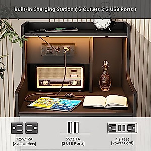 Vabches Nightstand with Charging Station & LED Lights, Black Nightstand with 2 Drawers and Open Storage, Bed Side Table Night Stand for Kids Bedroom Living Room,Small Bedside Table for Toddlers