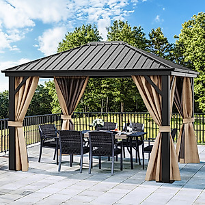 YITAHOME 10x12ft Hardtop Gazebo with Nettings and Curtains, Heavy Duty Galvanized Steel Outdoor Vertical Stripes Roof for Patio, Backyard, Deck, Lawns, Brown