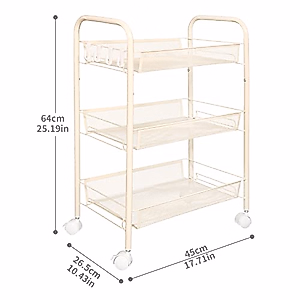 ruishetop Rolling Push Cart Stand Shelves, Storage Rack with Wheels with Mesh Wire Basket, Multifunction Metal Trolley Organizer for Home, Office, Bedroom, Bathroom, Kitchen (3-Tier Rack Beige)